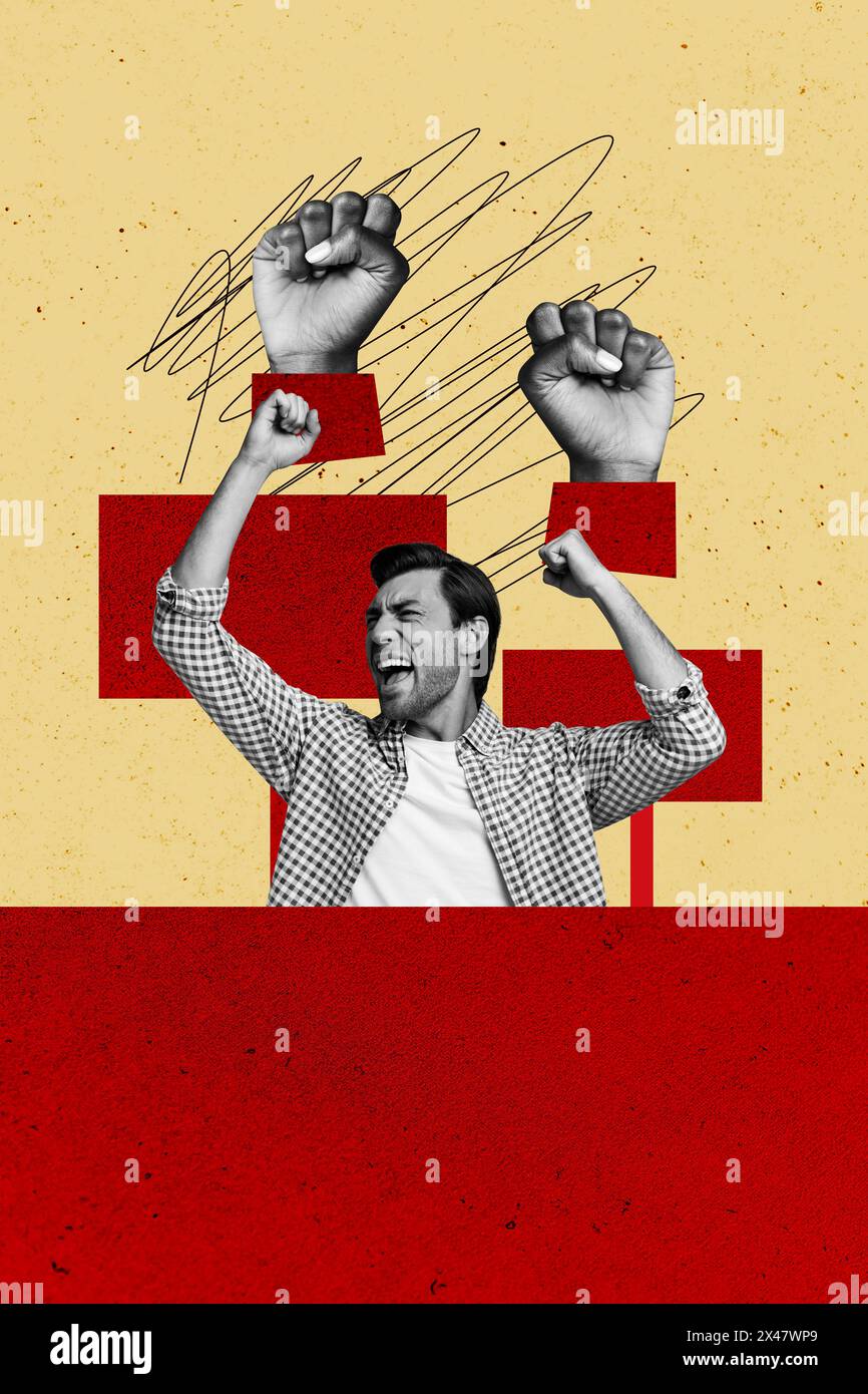 Vertical photo collage of frown scream guy show fist hands crowd picket ...