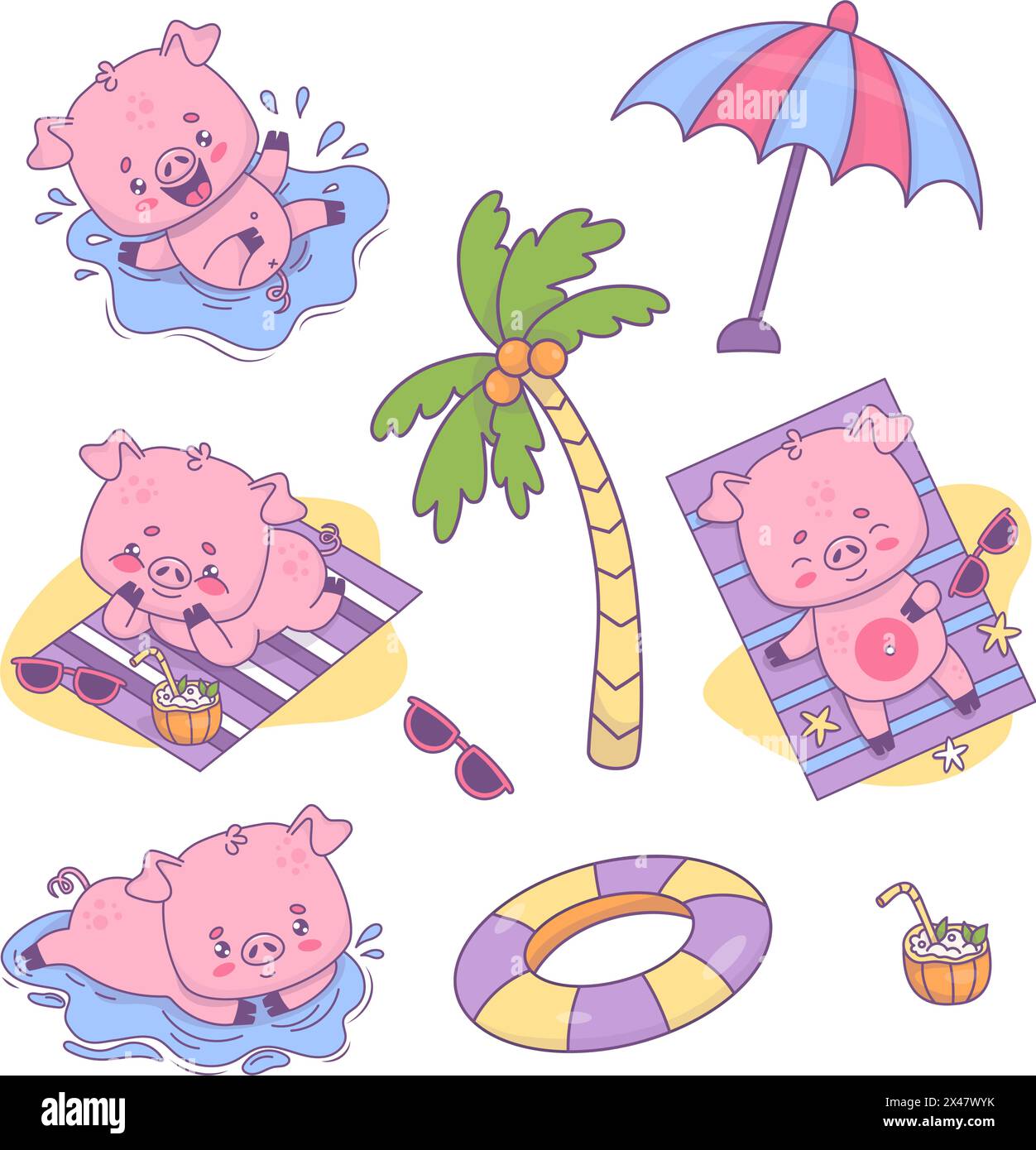 Beach holiday. Cute funny pigs sunbathing resting and swim, splash in ...