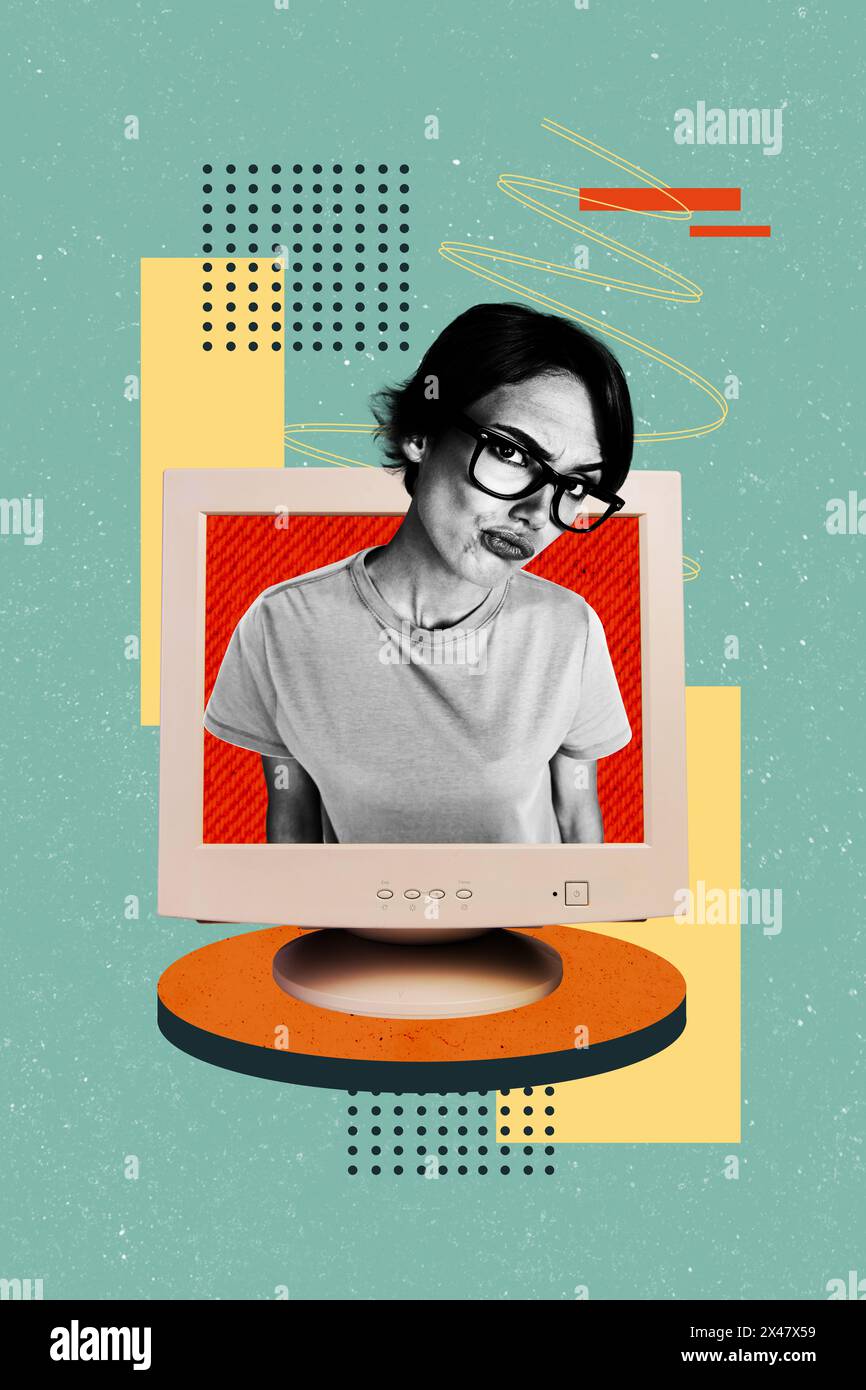 Vertical photo collage of it master girl suspicious facial expression ...