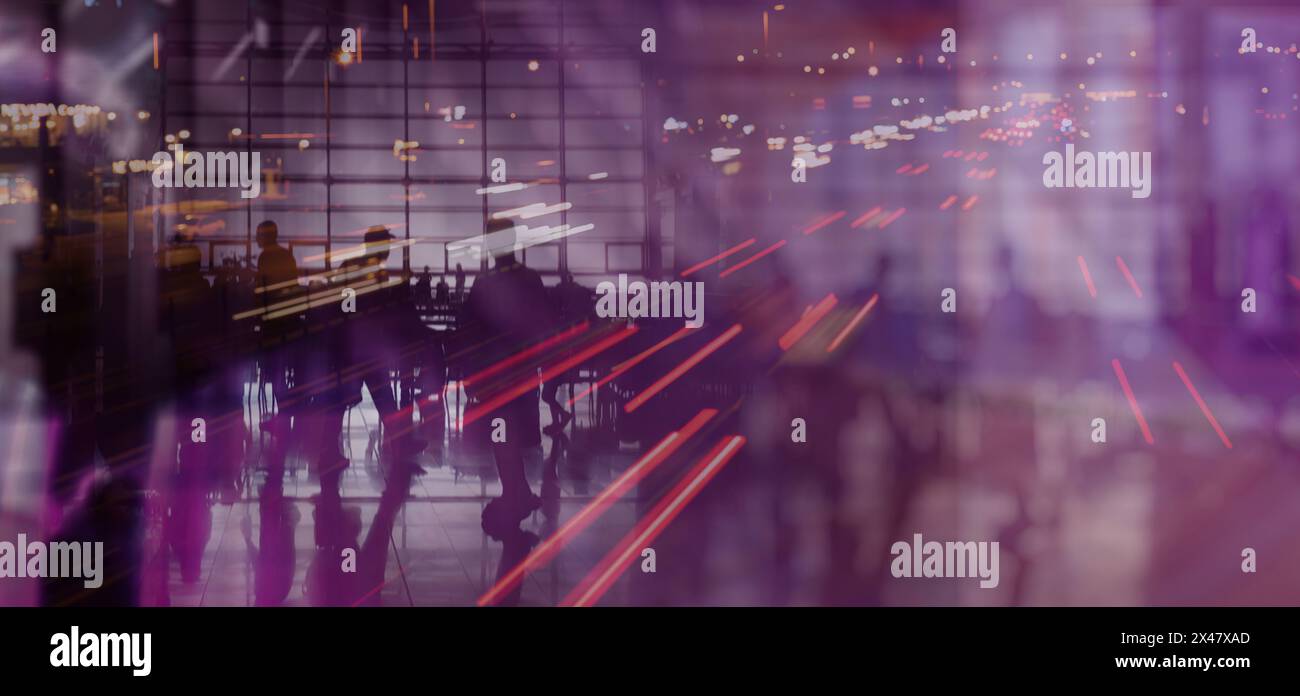 people in a waiting room and an overlay of translucent skyscrapers over ...