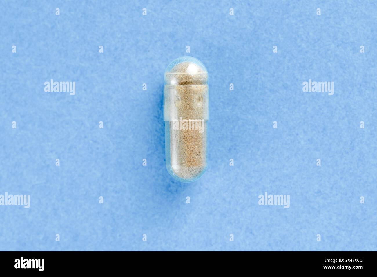 Brown two-piece hard starch capsule on blue background with copy space ...