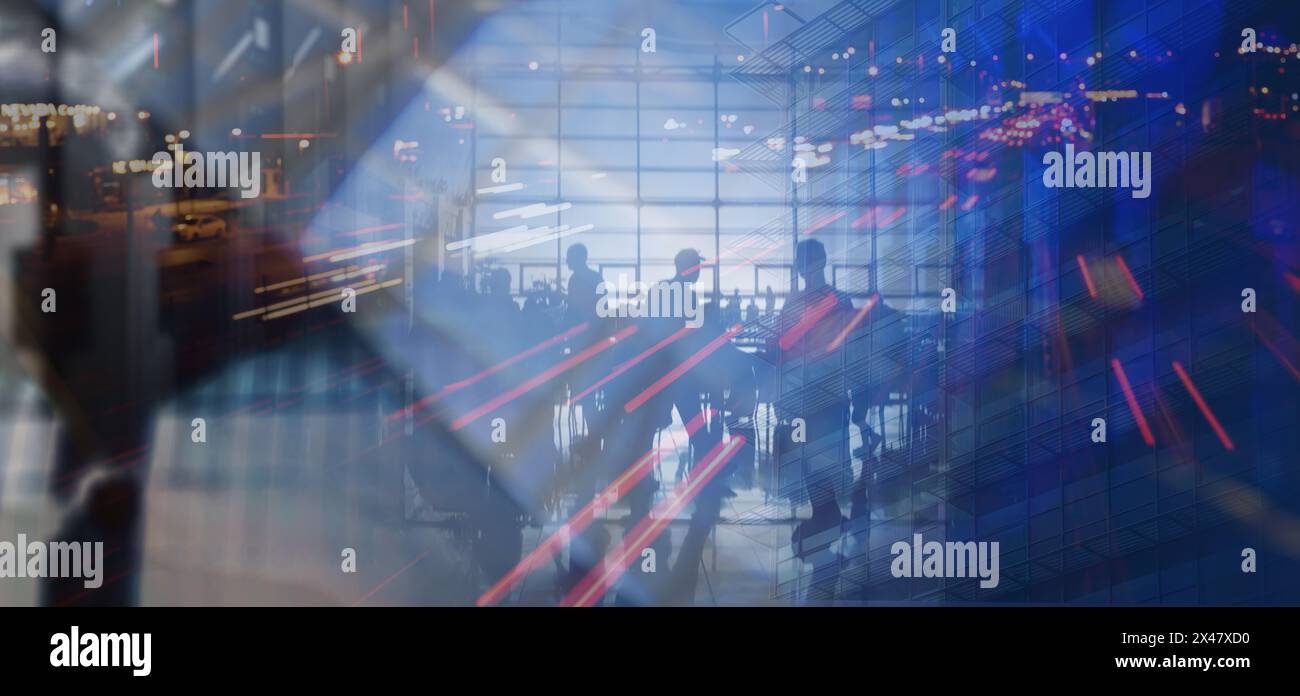 High tech modern urban background with crowd and traffic and overlaying ...