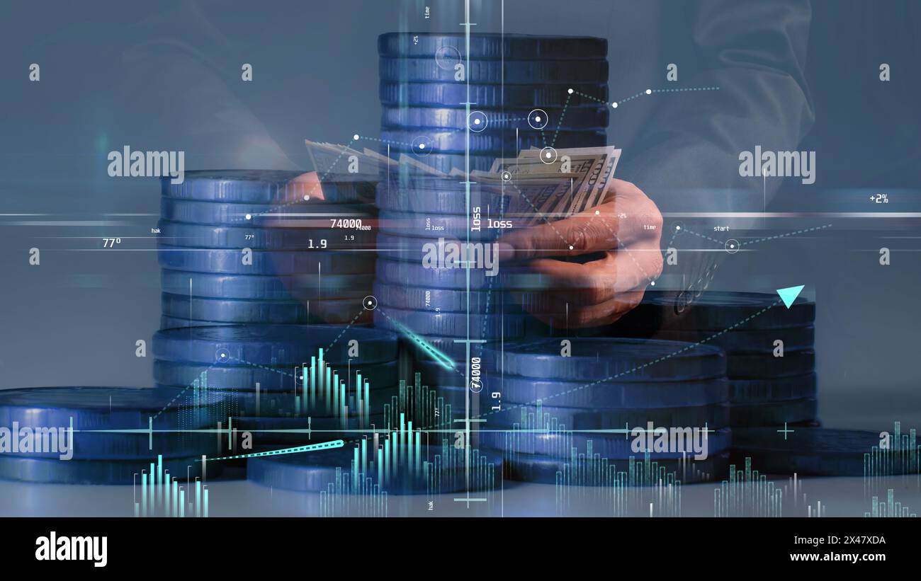 Columns of coins with graphs and a coordinate system in blue against ...