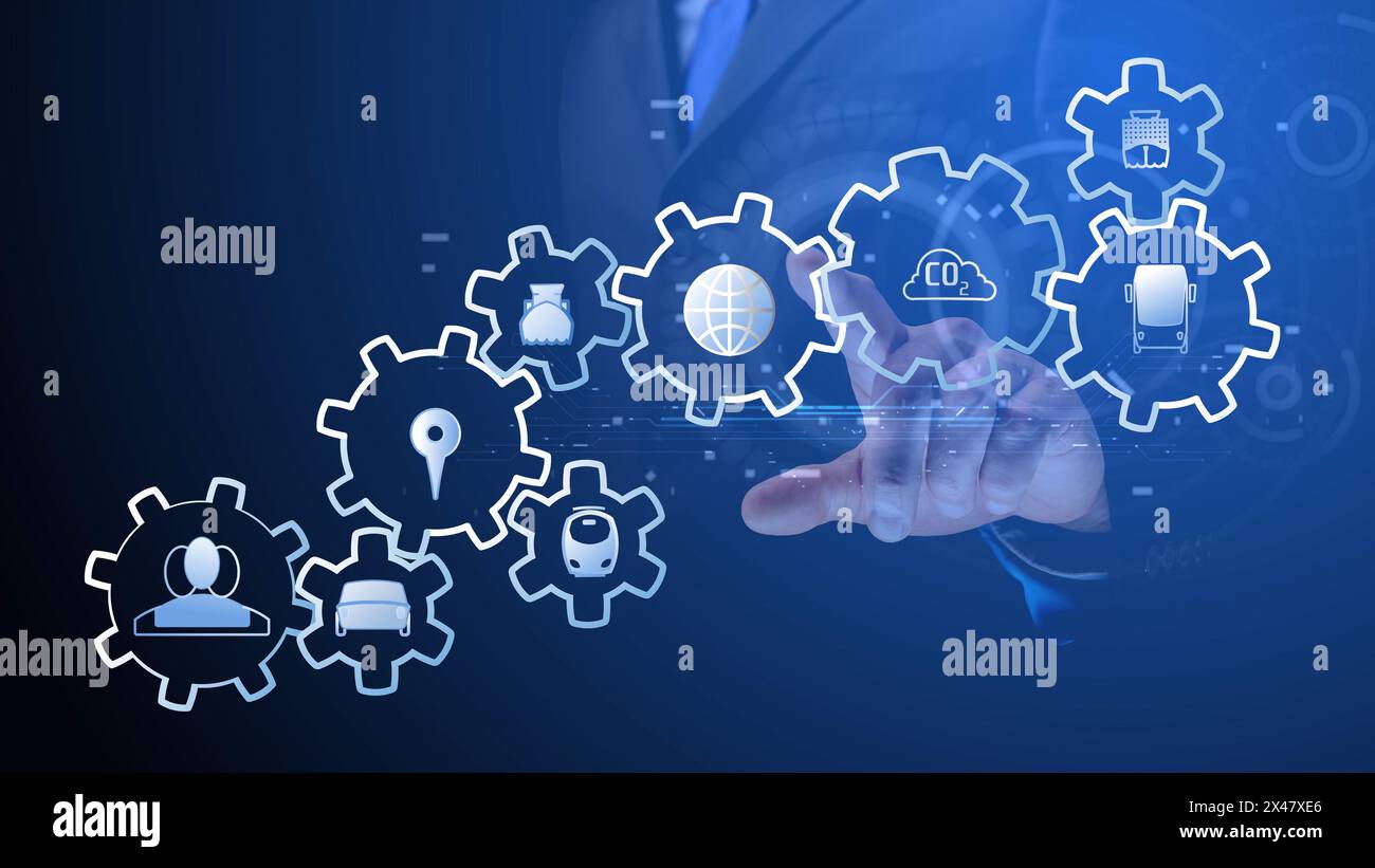 The businessman points to a chain of gears in which the types of ...