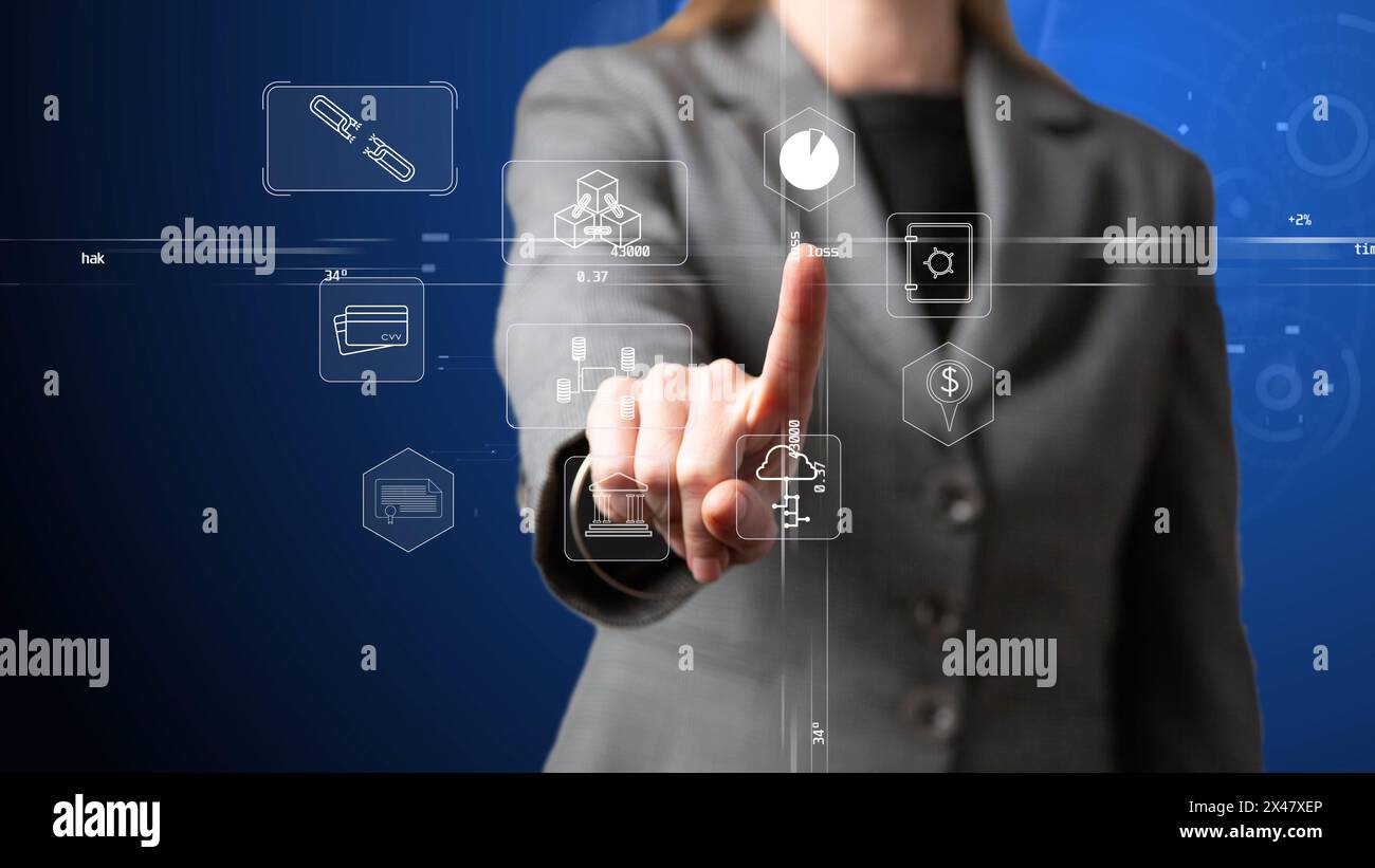 The businesswoman points to the center of the coordinate system around ...