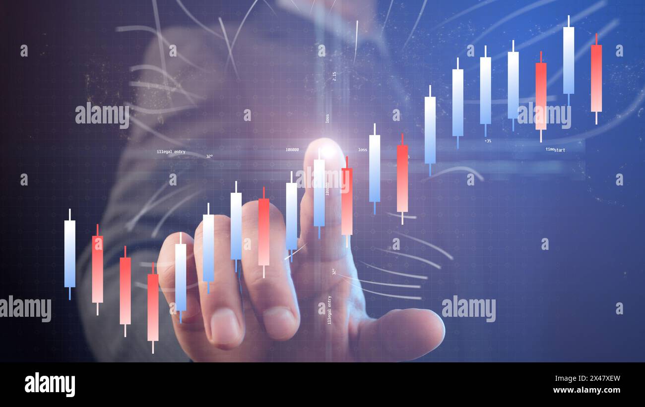 A businessman points a finger with a light point at the center of the ...