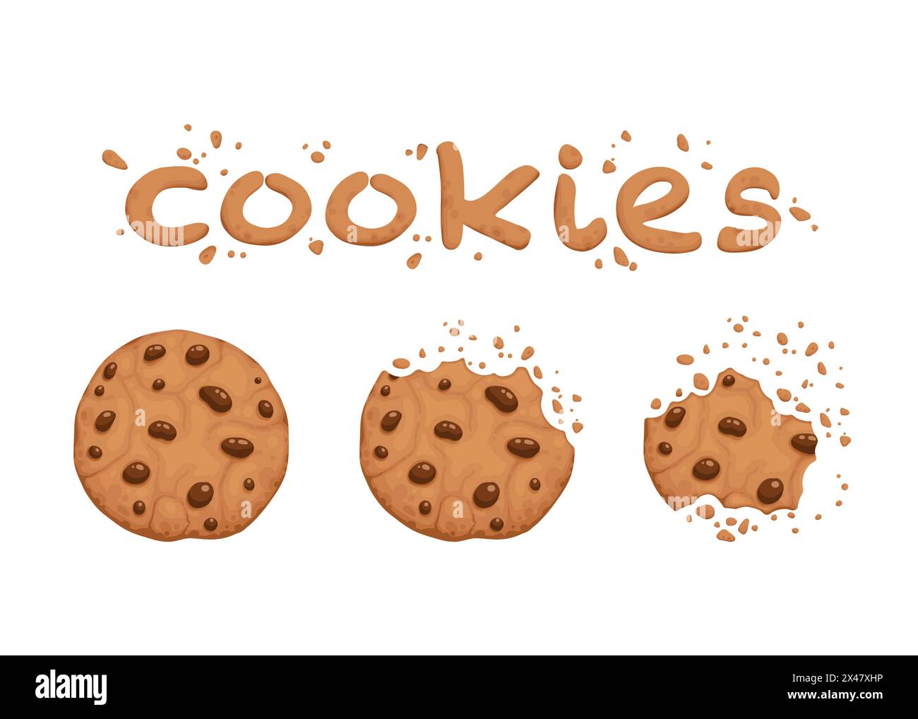 Bitten chocolate chip cookie. Crunch homemade brown biscuits broken ...