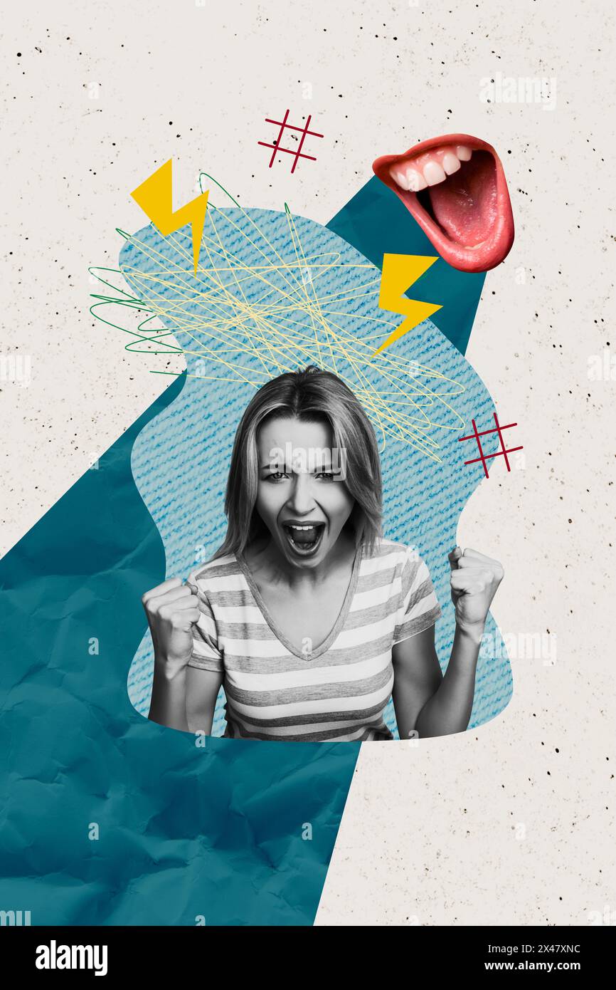 Vertical photo collage of angry girl scream show fists power confident ...