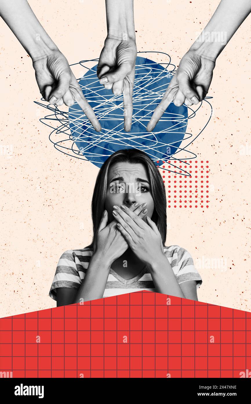 Vertical photo collage of upset dissatisfied girl hand shut mouth point ...