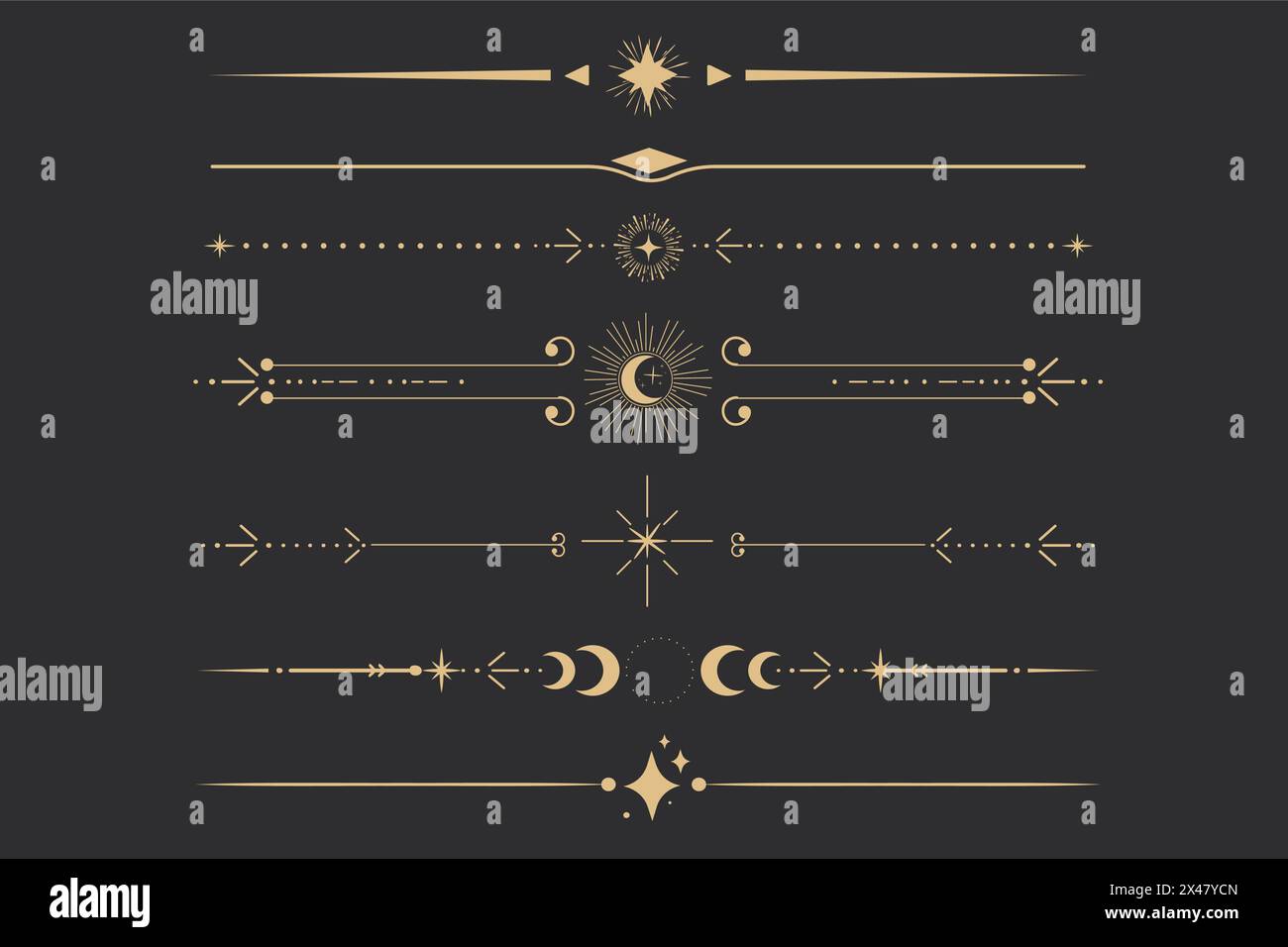 Golden divider celestial border with stars moon and sun thin line ...