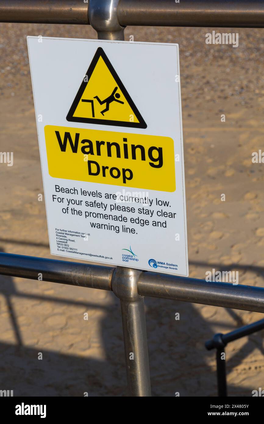 Warning drop beach levels are currently low sign at beach in Southwold ...