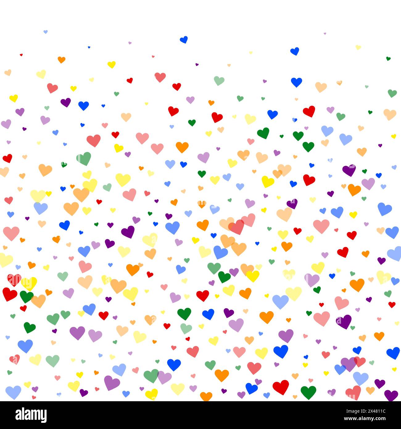 Heart confetti valentine overlay. Rainbow colored scattered hearts. LGBT valentine card. Joyfull ...