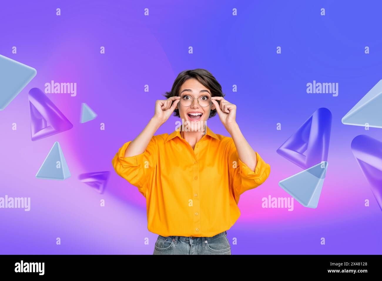 Creative collage young amazed impressed excited cute girl look stare ...