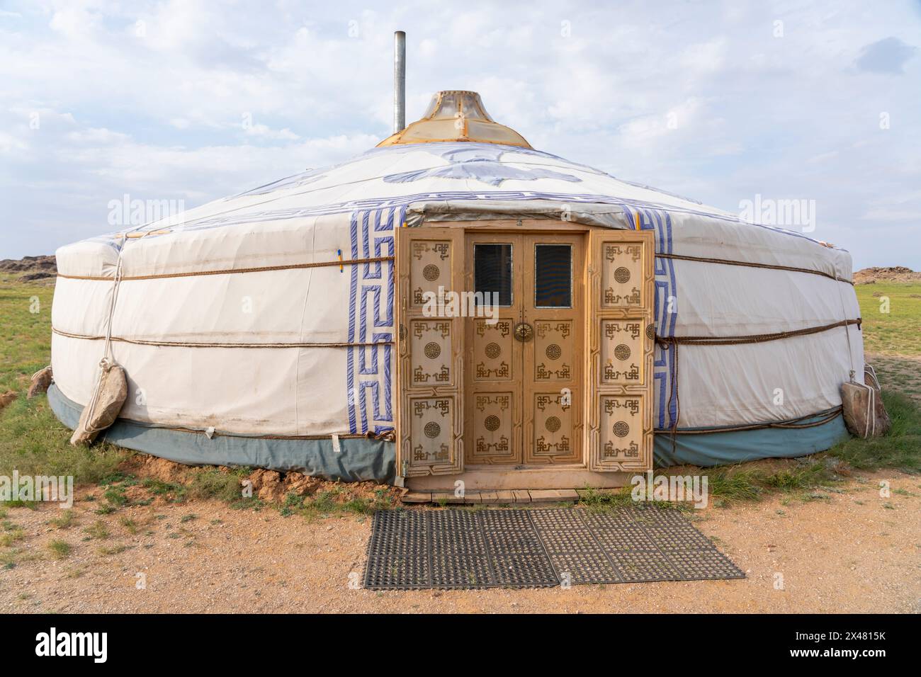 Asia, Mongolia, Eastern Gobi Desert. A typical ger found in Mongolia with its doors always ...