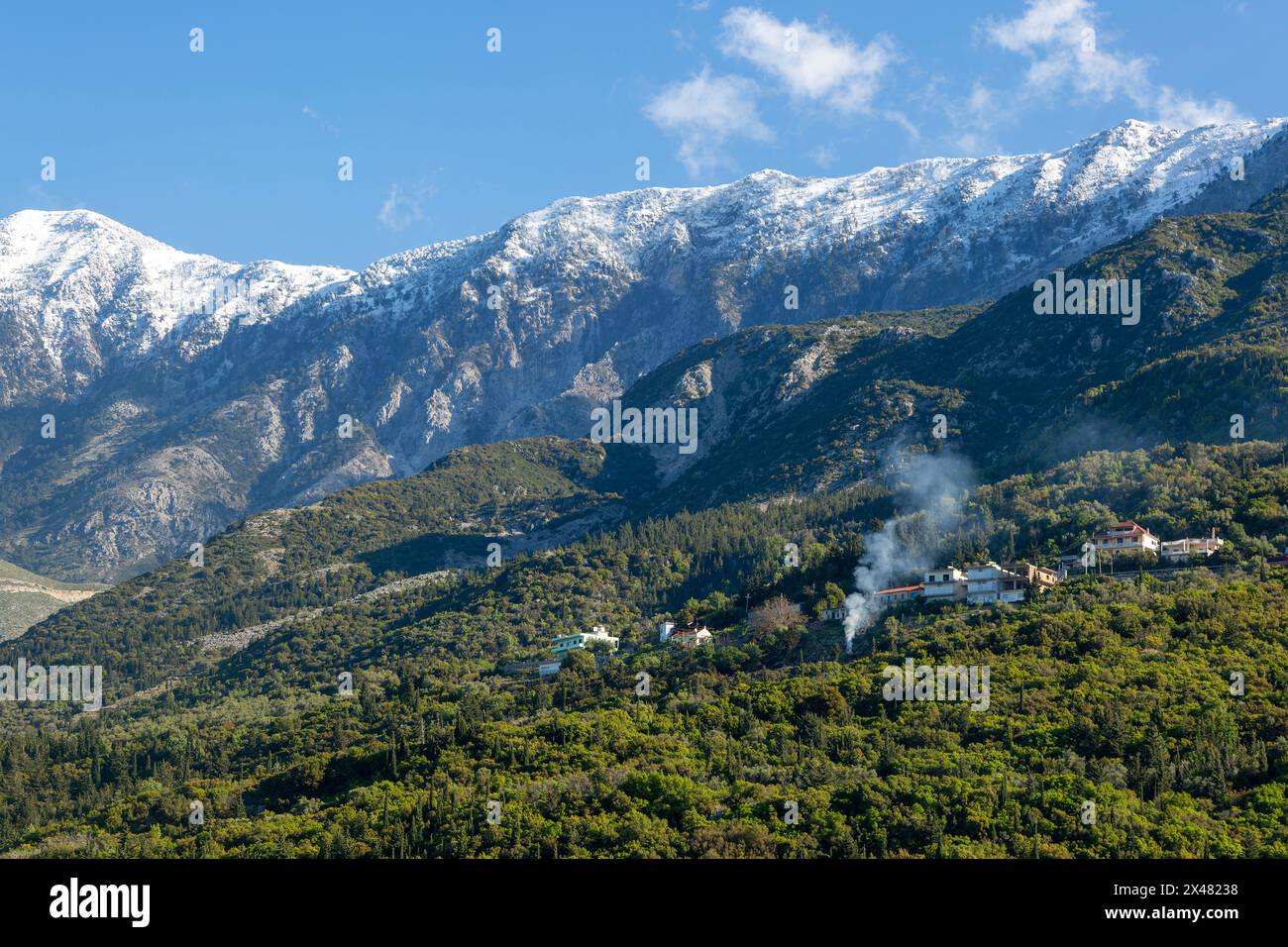Snow capped peaks including Mount Cika rising above hillside village ...