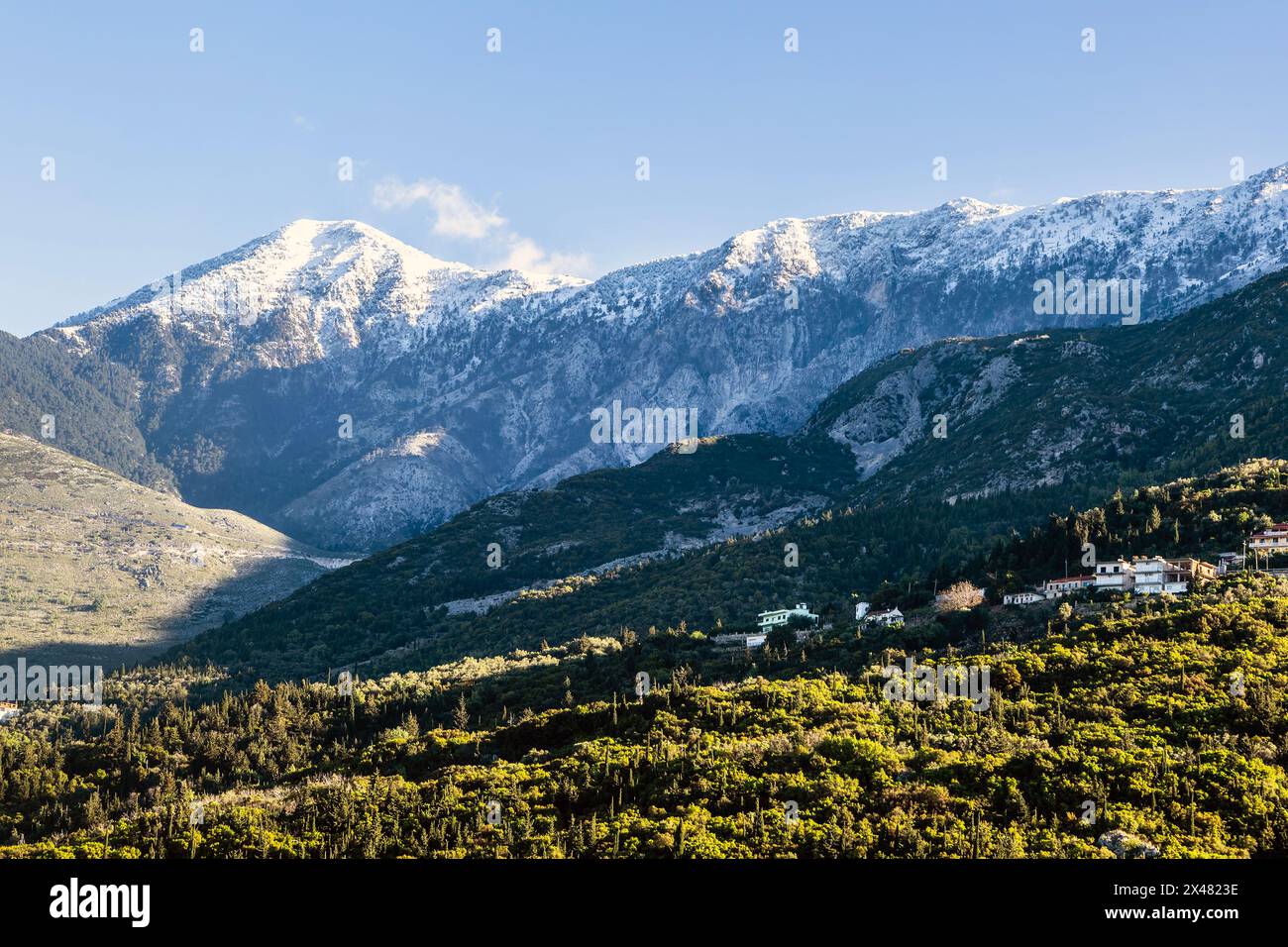 Snow capped peaks including Mount Cika rising above hillside village ...