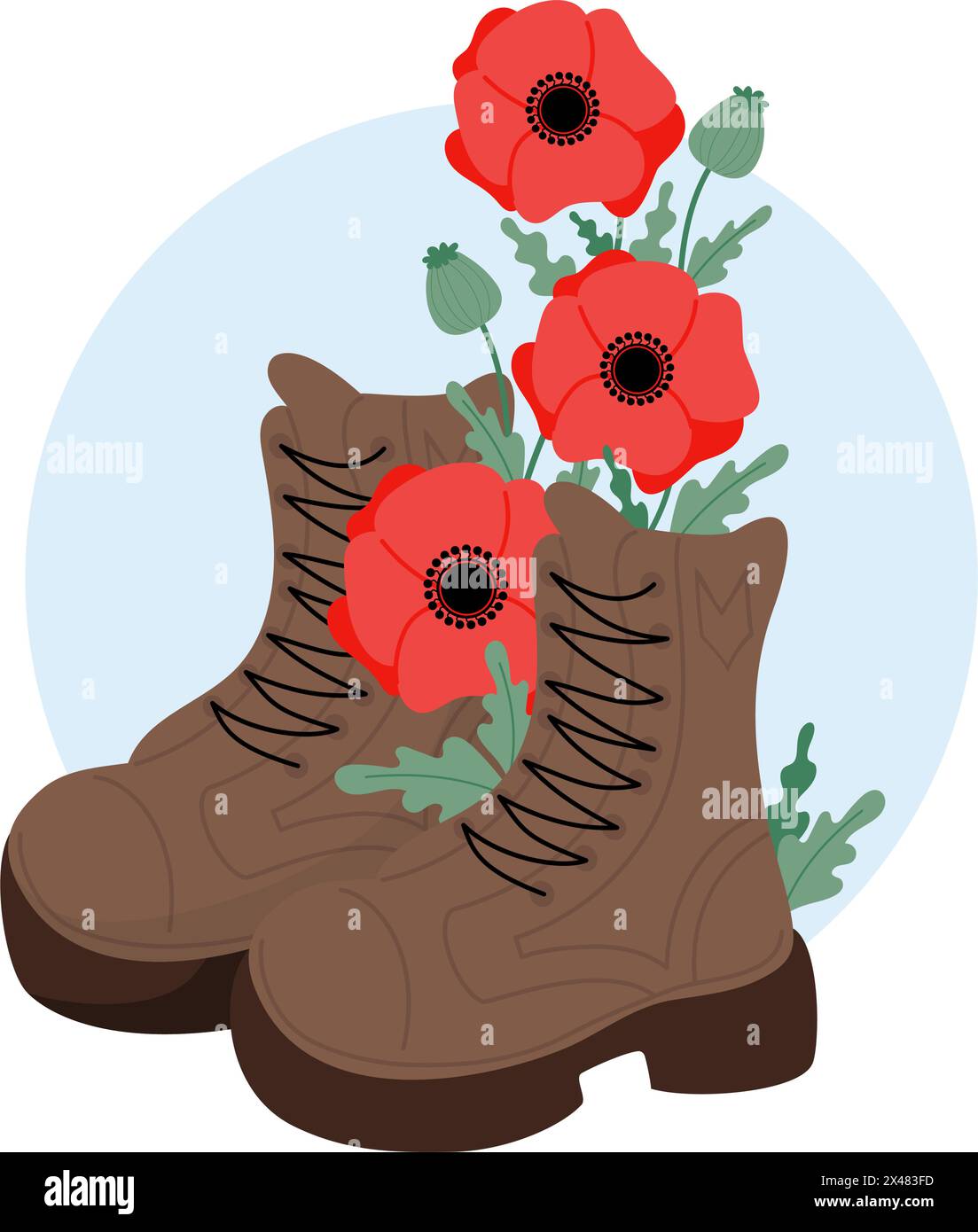 Military veteran boots with bouquet red poppy flowers. Vector ...