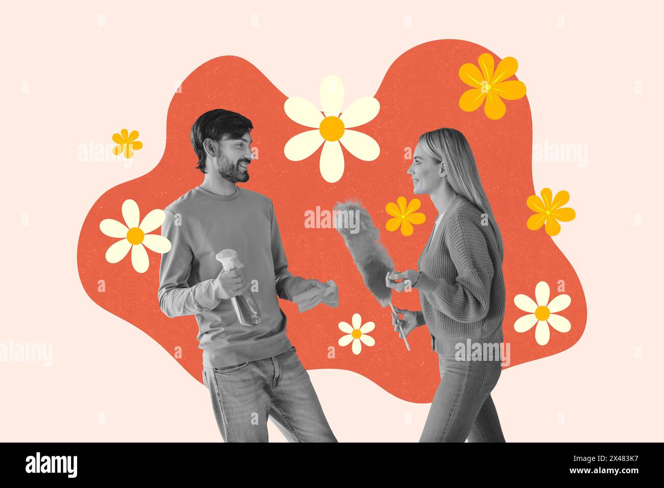 Composite trend image photo collage of spouses guy lady clean room hold ...