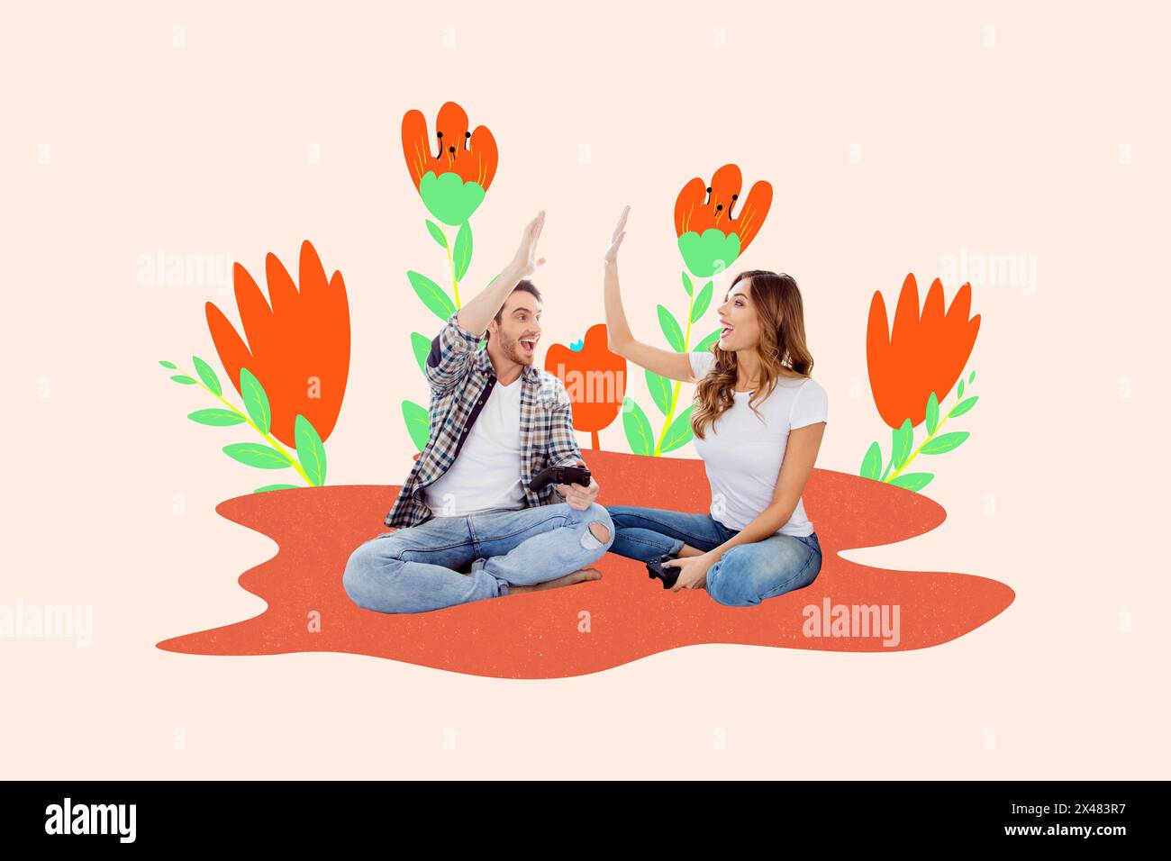 Creative trend collage of high five couple friends flowers playstation ...