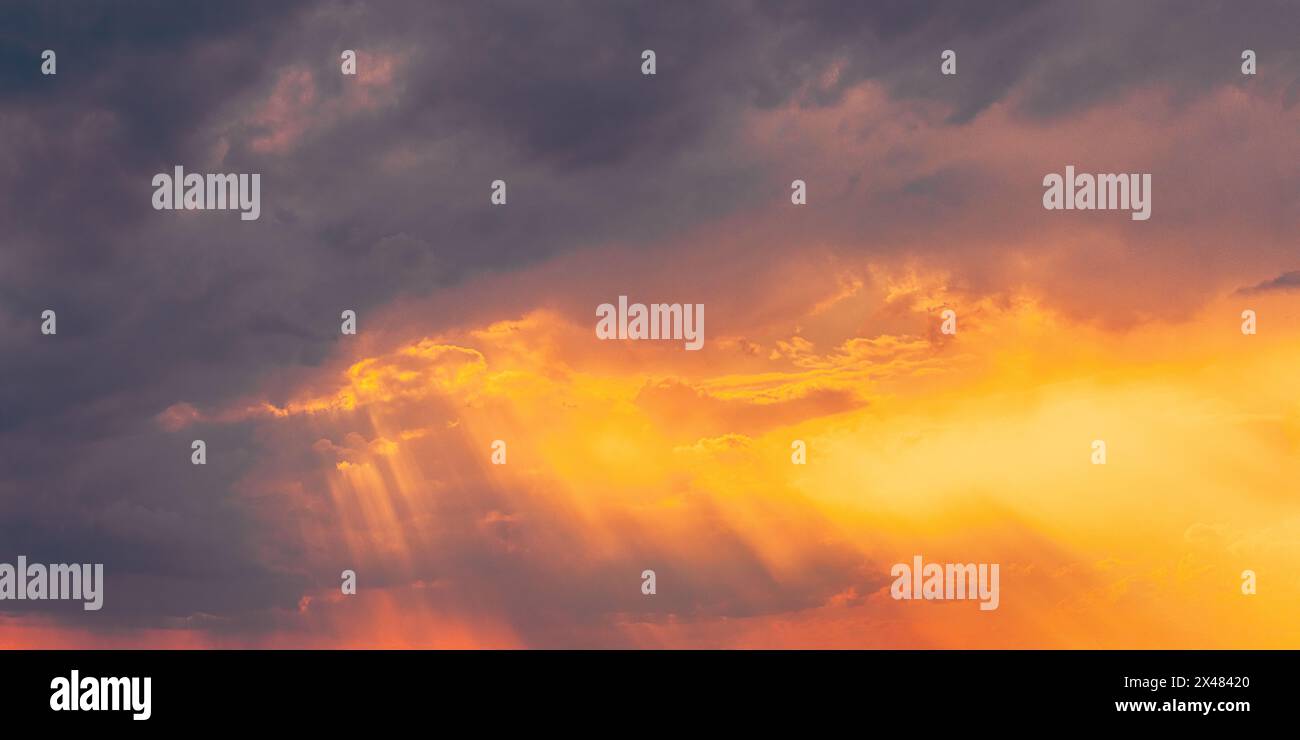 Sunshine In Sunrise Bright Dramatic Sky. Sun Ray Through Dark Rainy ...