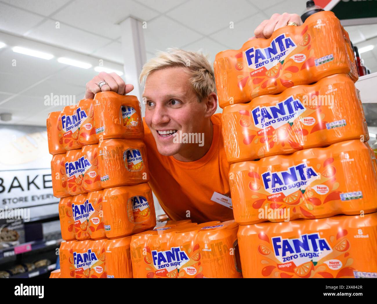 EDITORIAL USE ONLY Jamie Laing speaks with supermarket customers as he ...