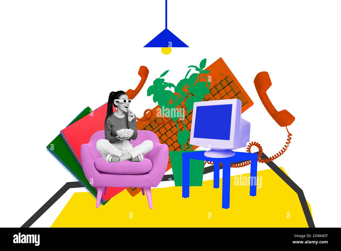Creative picture collage joyful sitting young kid girl eat popcorn ...