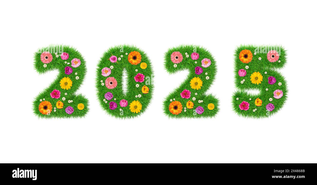 3D rendering green year 2025 made out of grass flowers Stock Photo - Alamy