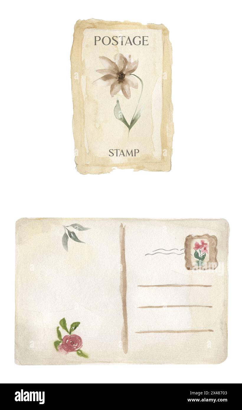 Watercolor vintage aged card and stamp illustration set. romantic card ...