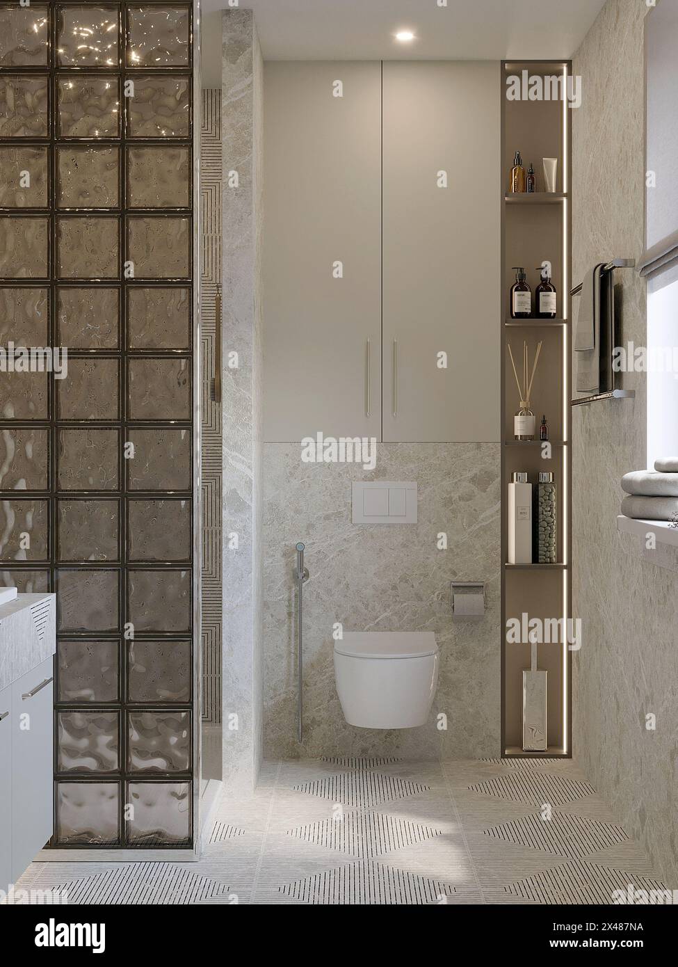 Toilet in bathroom in beige light pastel color with cabinet and ...