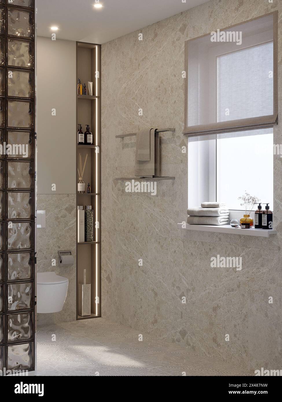 Elegant toilet installation interior design tiled walls with stone look ...