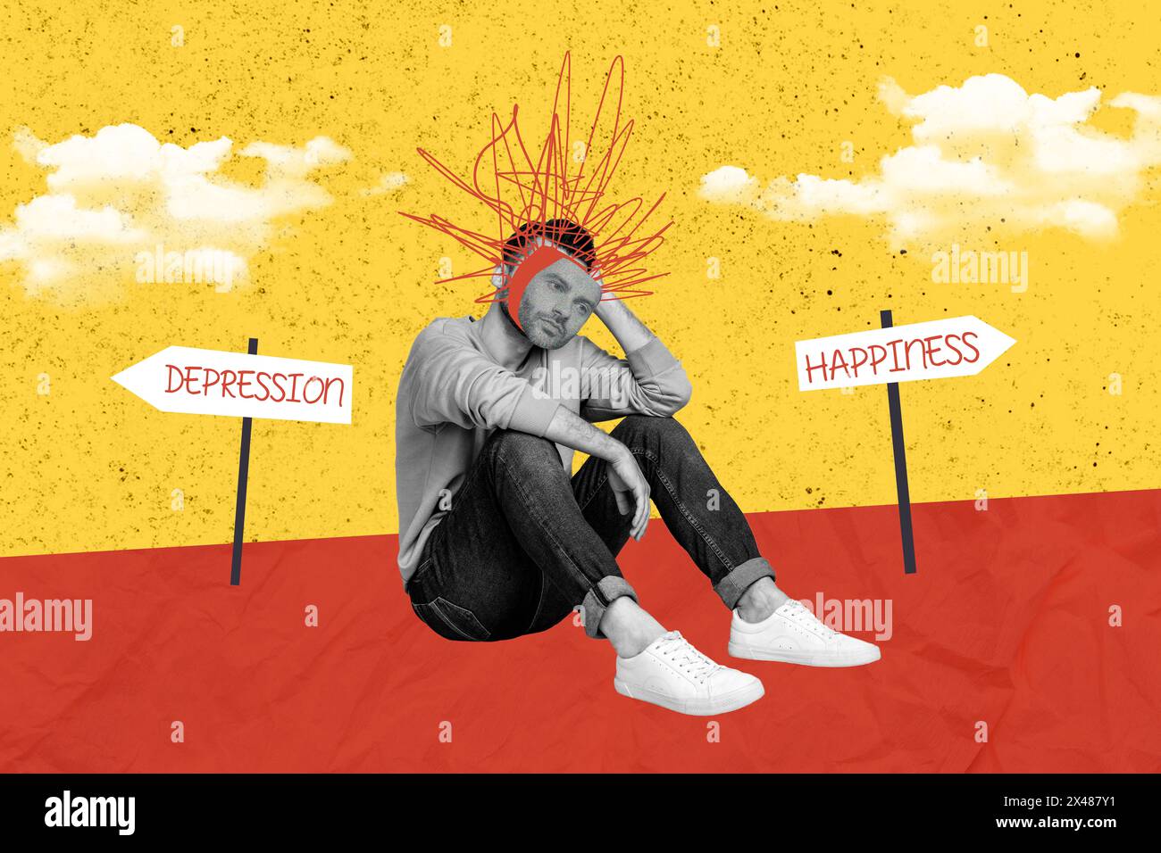 Trend artwork sketch photo collage of young man burnout depression tired exhausted sit hold hand ...