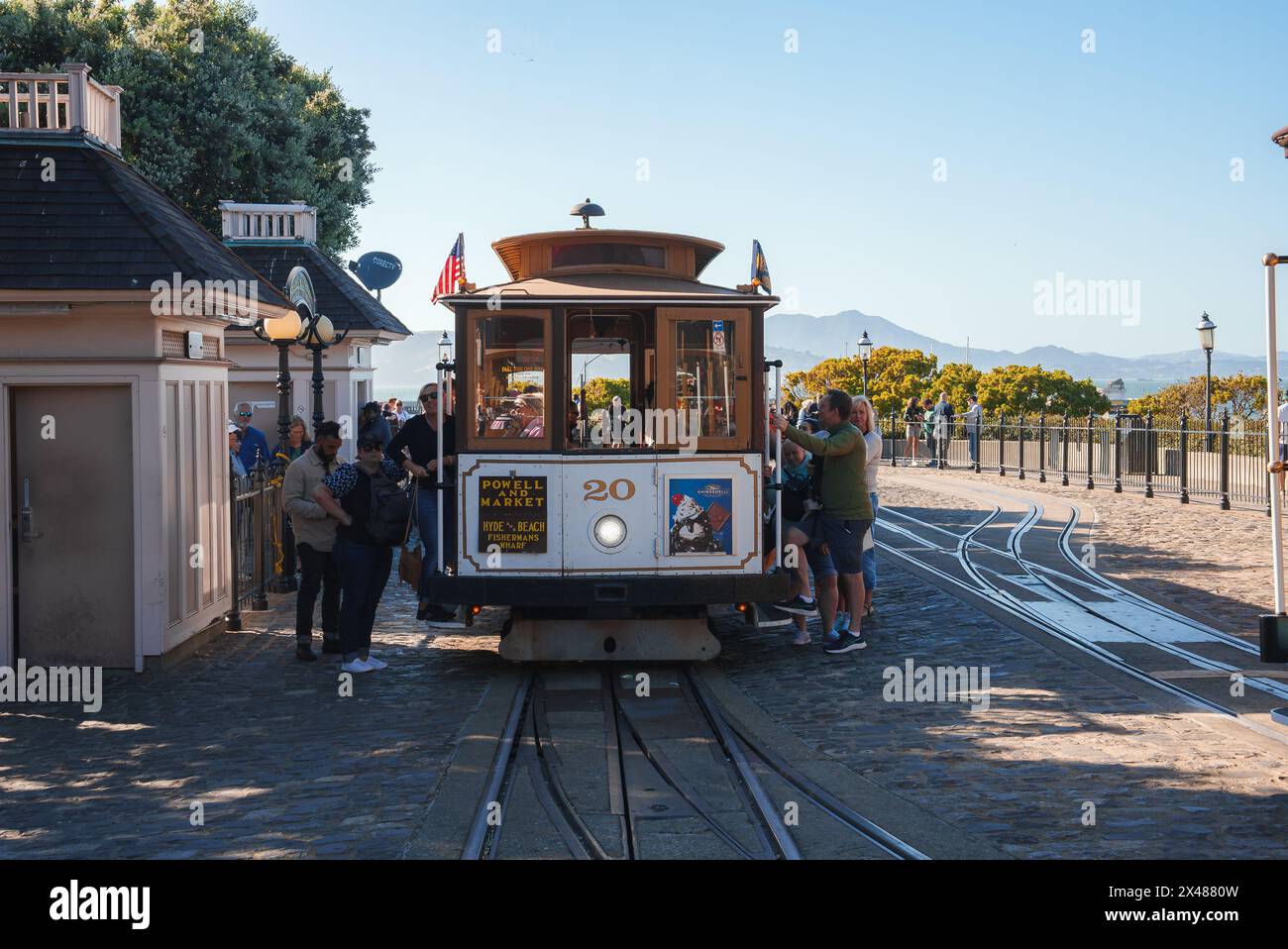 San Francisco Cable Car on Tracks, Passengers Boarding, Tourists, Urban ...