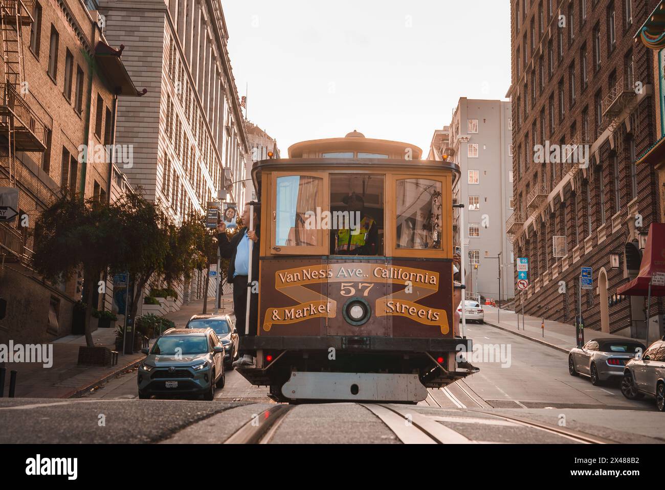 Classic San Francisco Cable Car on Steep Street at Dawn Stock Photo - Alamy