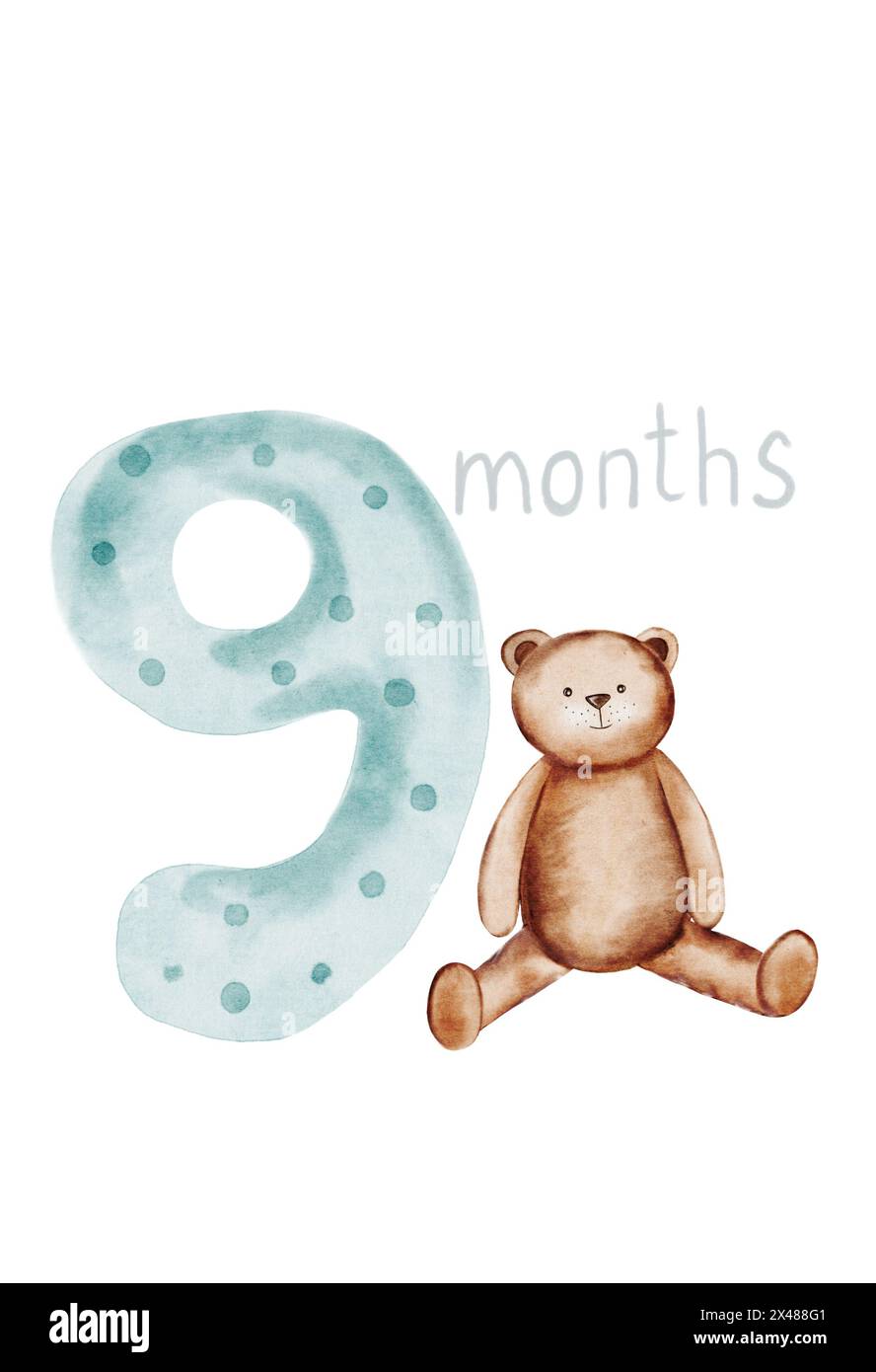 Baby months card with number 9. Cute metric hand drawing with birth ...