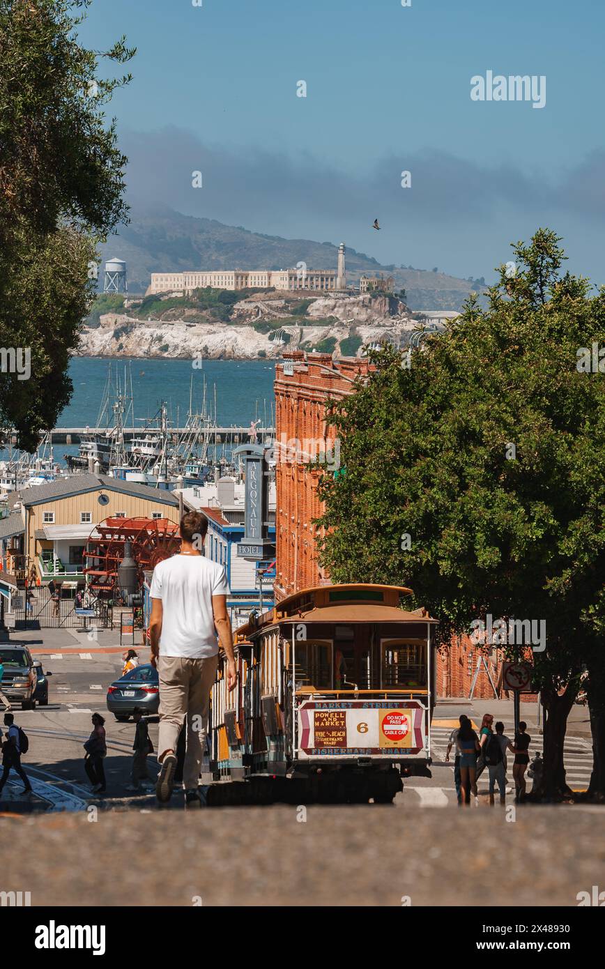 Classic Cable Car Climbing Steep Street in San Francisco Stock Photo ...