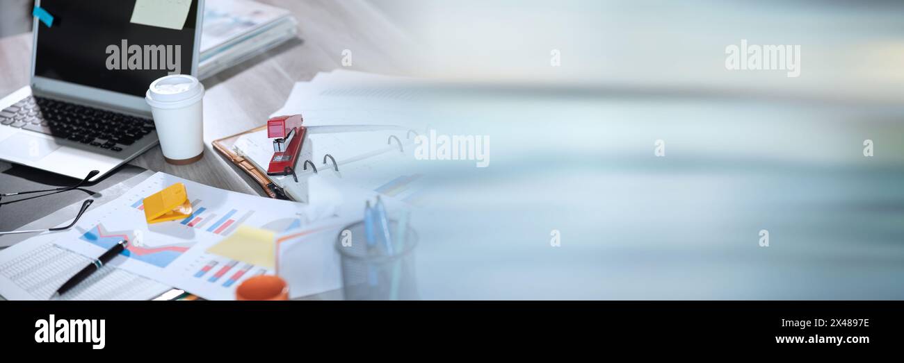 Messy and cluttered office desk; panoramic banner Stock Photo - Alamy