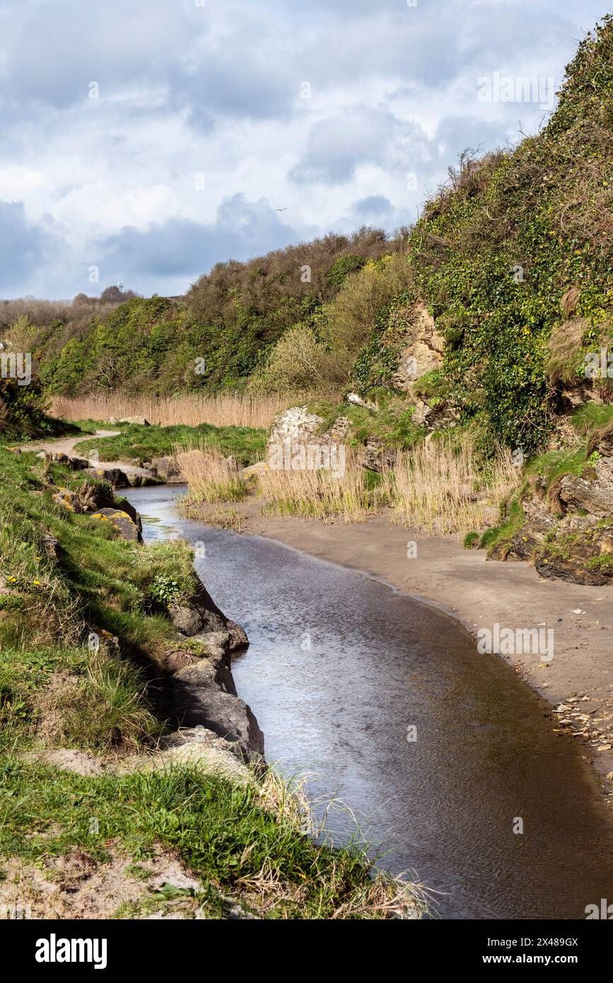 The Par Polmear River flowing towards the sea at Par Beach in Cornwall ...