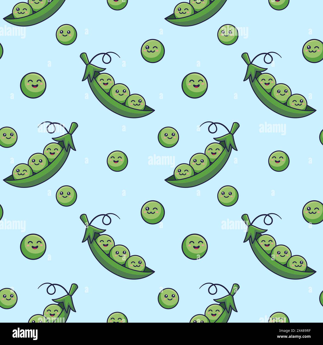 Cute Kawaii Peas seamless pattern in doodle style. Vector hand drawn ...