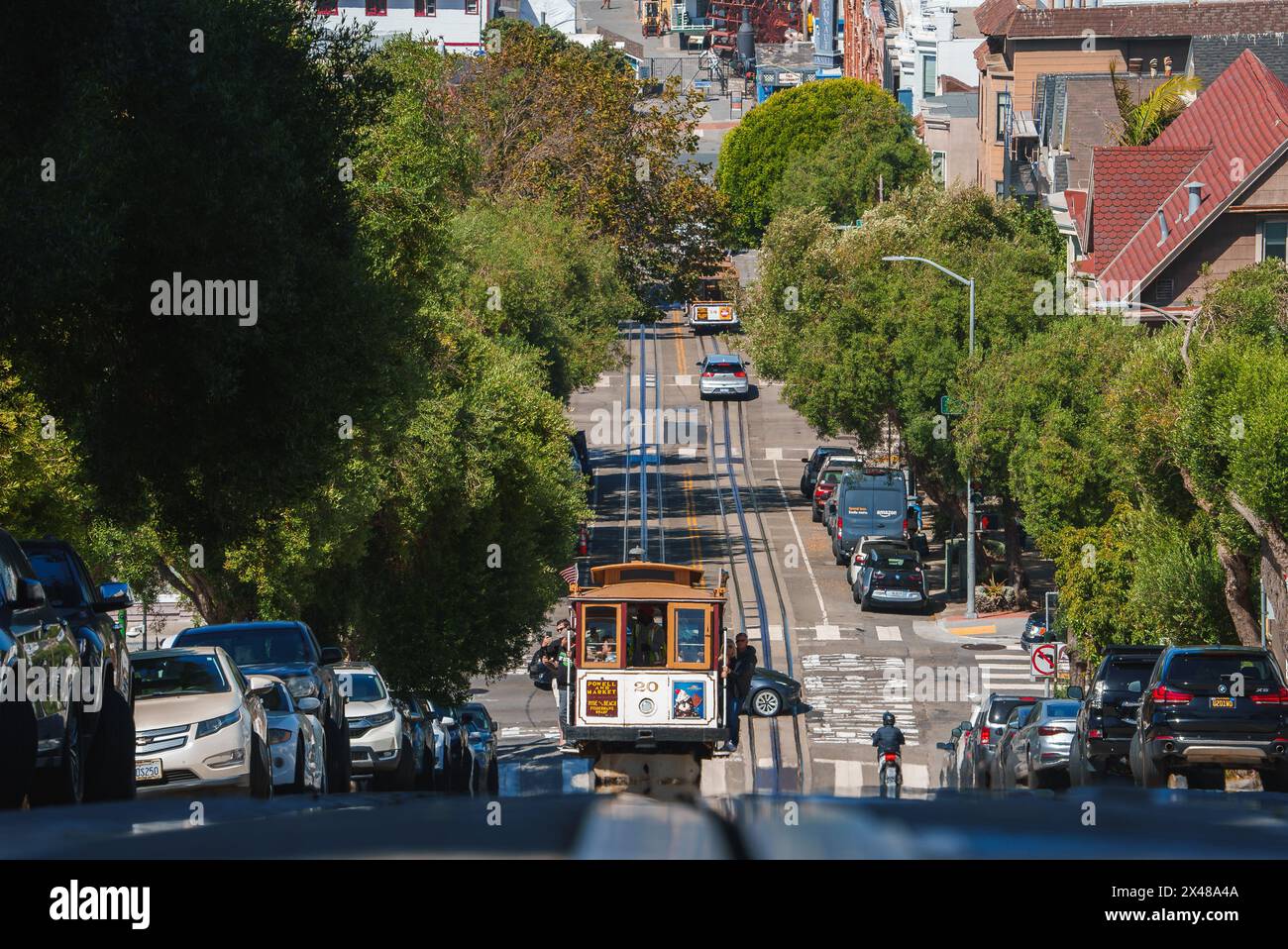 Classic San Francisco cable car on steep hill, sunny day Stock Photo ...