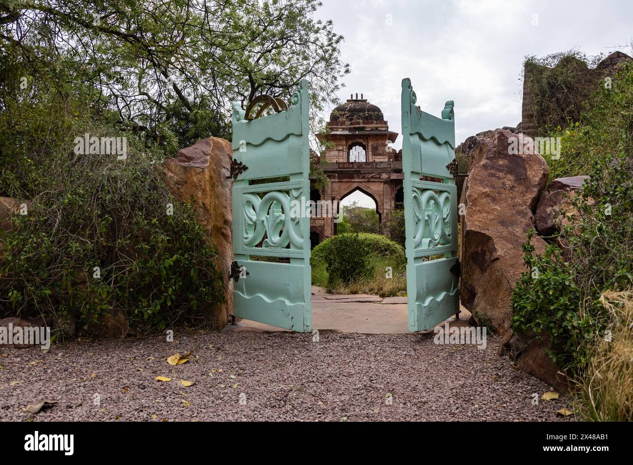 artistic entrance gate of hiking trails at evening from different angle ...