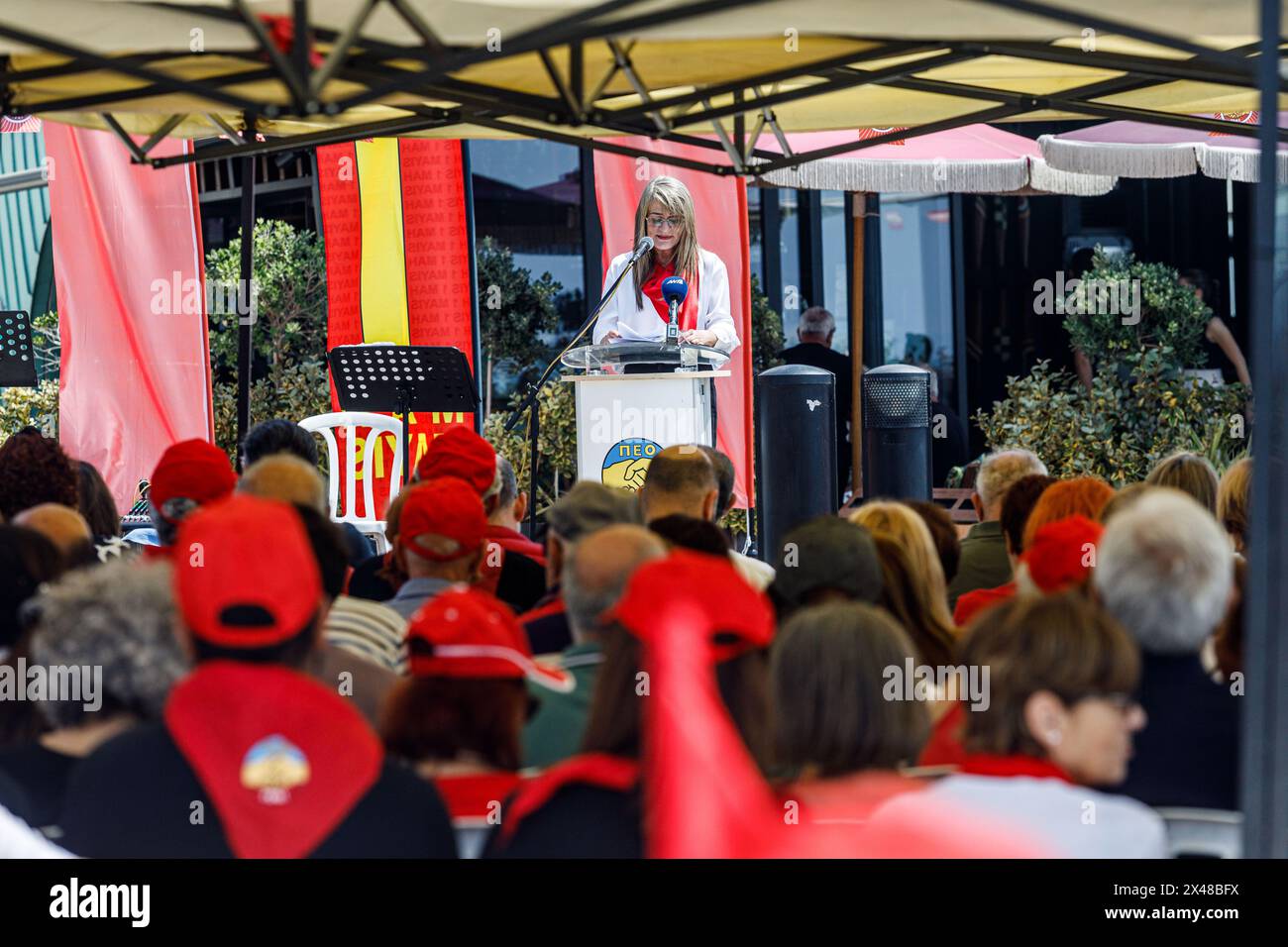 Limassol, Limassol, Cyprus. 1st May, 2024. A woman gives a speech to ...