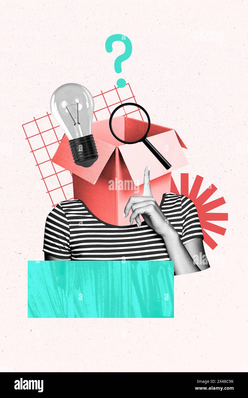 Vertical collage image headless person showing figer gesture carton box ...