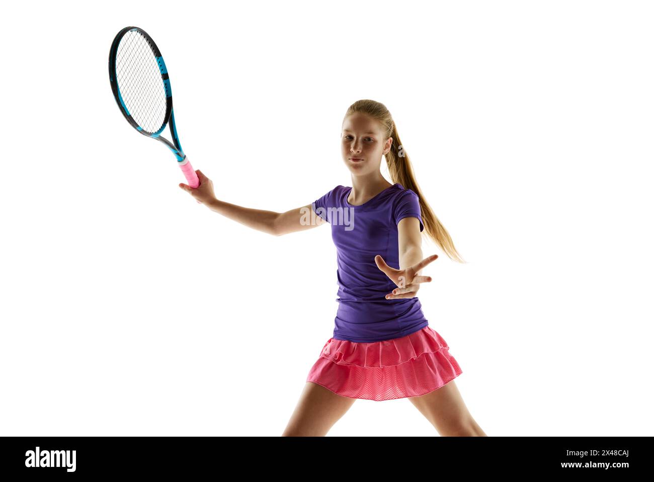 Contemplative. Sportive fit teenage girl, tennis player in vibrant ...