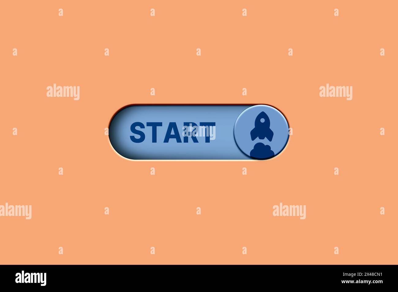 3D digital blue button to switch on and start new business. Startup ...