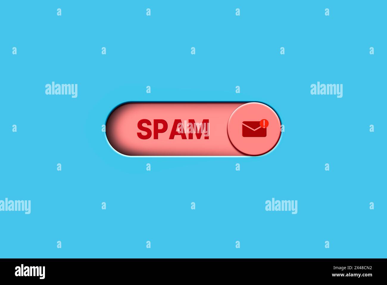 3D digital red button to switch off spam mail notifications. Warning ...