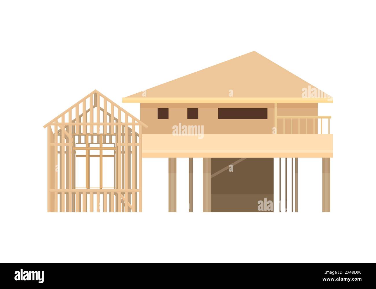 Unfinished new wooden house with timbers and rafters on construction ...