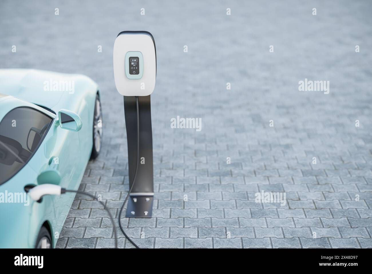 3d render of a nondescript Electric vehicle plugged into a Charging ...