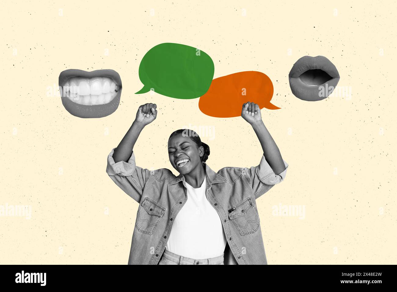 Composite photo collage of excited happy american girl mouth speak ...
