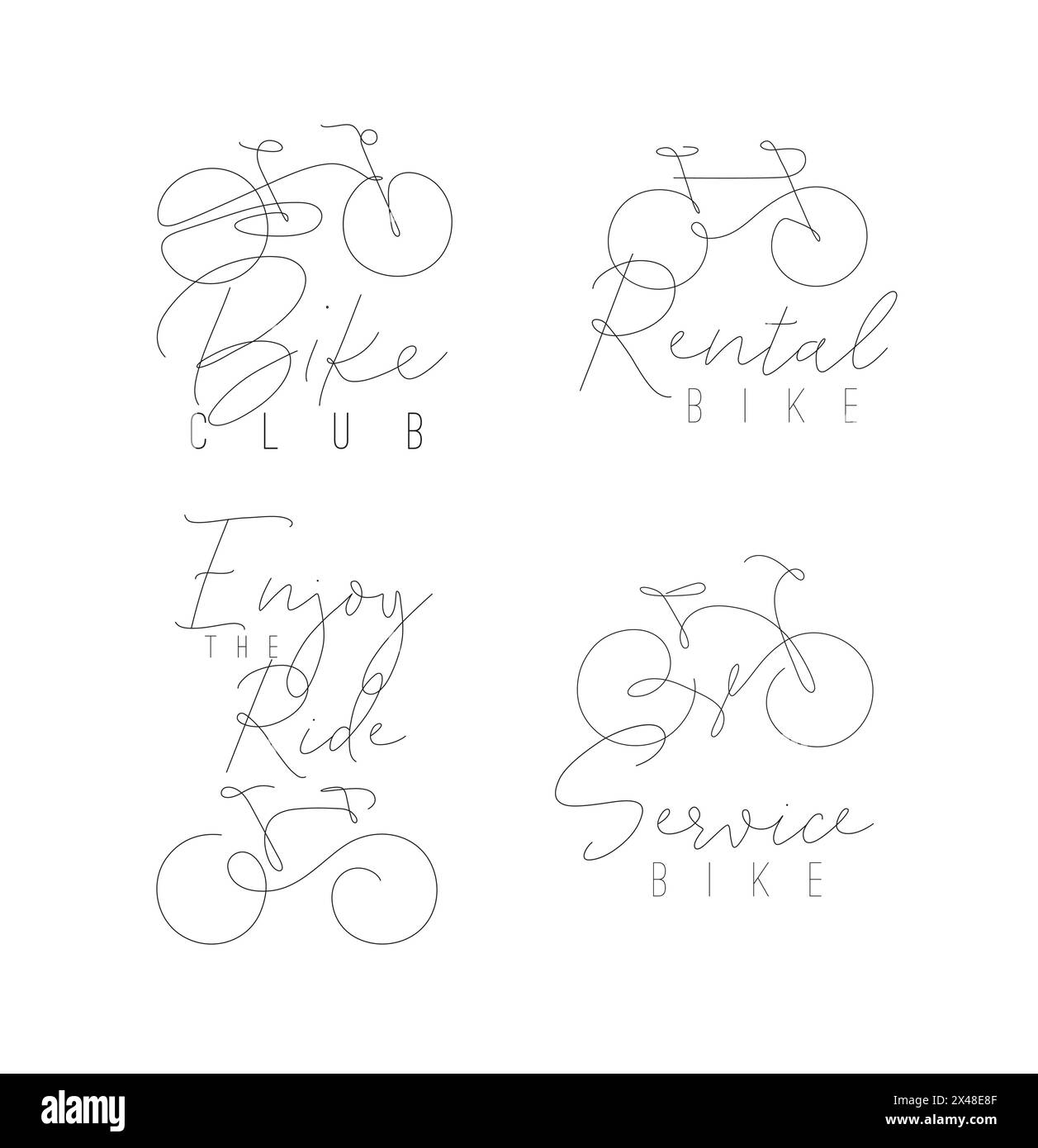Bike icon labels with lettering drawing in hand drawn line art style ...