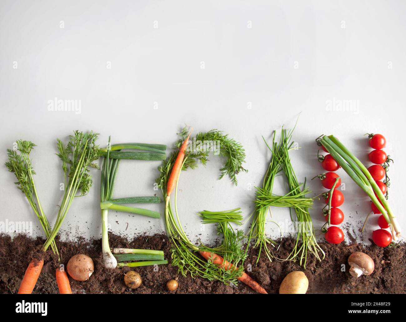 Vegan garden concept, letters made from organic fruits and vegetables ...